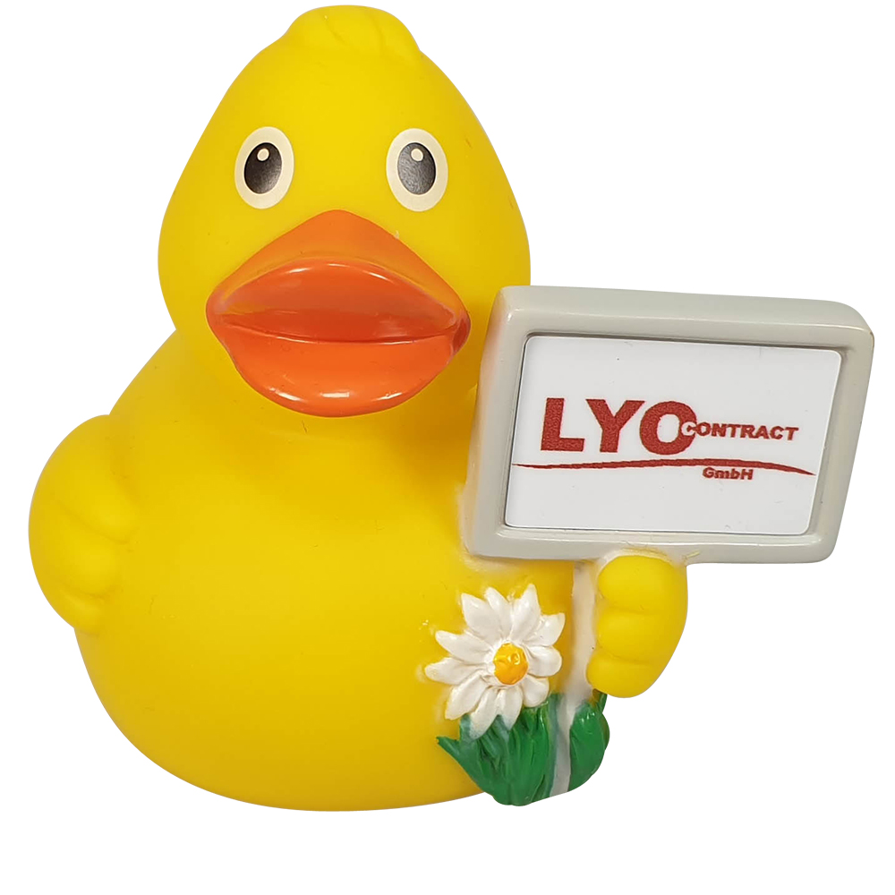 Gelbe Bade-Ente „City Duck“ mit Firmenwerbung individuell bedruckt | Lerche