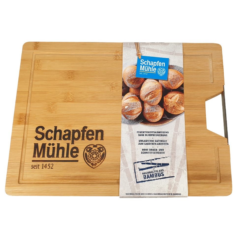 Schneidebrett ELEGANCE aus Bambus mit Edelstahlgriff mit Logo-Einbrand ...